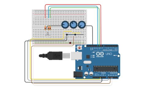 Circuit Design Rgb Led Light With 3 Potentiometers Tinkercad