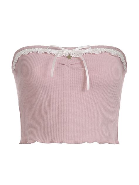 Emmiol Free Shipping 2024 Sweet Lace Trim Splice Bow Decor Bandeau Top