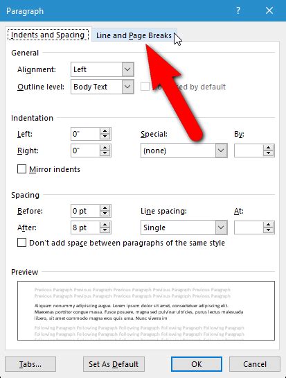 how to stop pages from breaking after the first line of a paragraph in