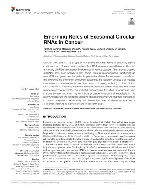 Pdf Emerging Roles Of Exosomal Circular Rnas In Cancer