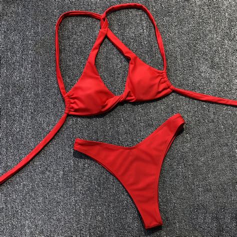 Red Swimsuit Solid Bikini Set Sexy Thong Swimwear Women Push Up Bikini