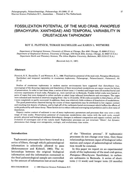 Pdf Fossilization Potential Of The Mud Crab Panopeus Brachyura