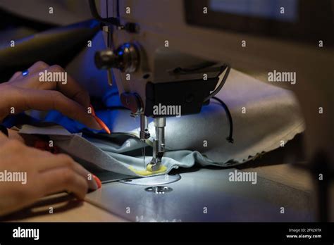 Seamstress Work On Sewing Machine Closeup Woman Fashion Designer