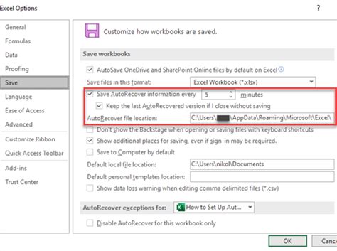 how to set up autosave location and time in excel automate excel