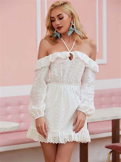 Dandm Halter Off Shoulder Lantern Sleeve Ruffle Schiffy Dress Puffed