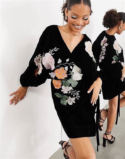 Asos Edition Trailing Floral Embroidered Blouson Sleeve Velvet Mini