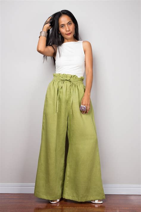 Green Linen Trousers Handmade Long Wide Leg Palazzo Pants Etsy Australia