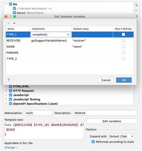 live template variables goland documentation