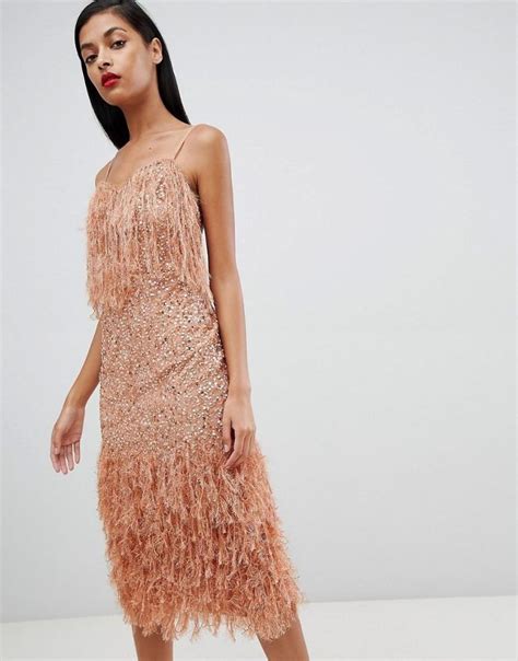 Asos Feather Trim Sequin Midi Dress Sequin Midi Dress Sequin