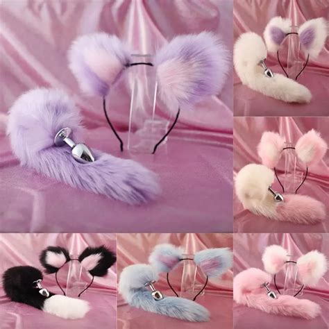 Cute Soft Cat Ears Headbands With 40cm Fox Tail Bow Metal Butt Anal