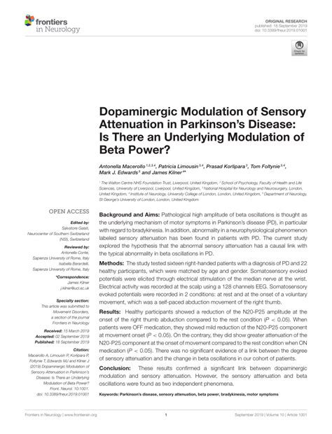 Pdf Dopaminergic Modulation Of Sensory Attenuation In Parkinsons