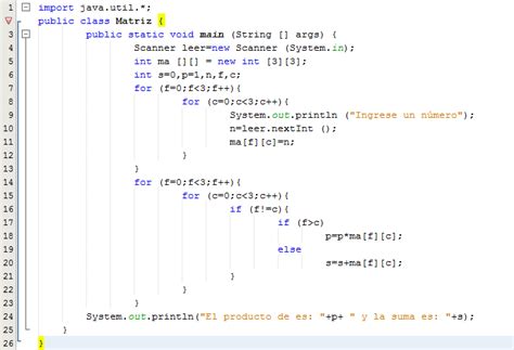 suma y producto de una matriz hecha en java