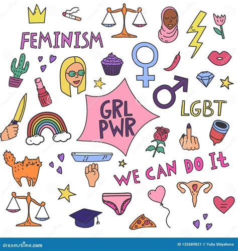 Big Simple Feminism Set With Protest Symbols And Text Stock Vector