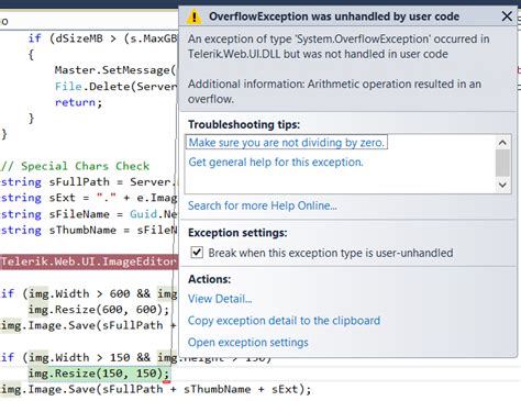 resize arithmetic operation resulted in an overflow in ui for asp