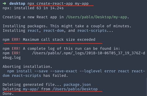 npx create react app my app npm err maximum call stack size