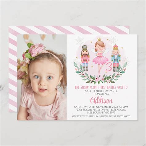 Pink Girls Photo Sugar Plum Fairy Birthday Invitation Zazzle