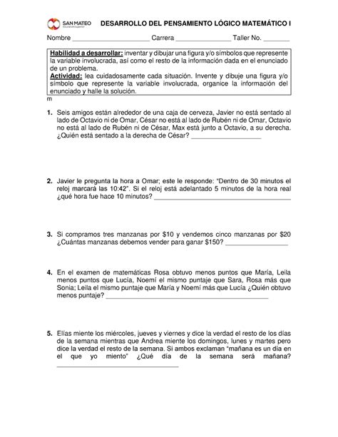 Taller 12 Desarrollo Del Pensamiento LÓgico MatemÁtico I Nombre