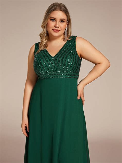 2023 Plus Size Double V Neck Sequin Sleeveless Formal Evening Dress