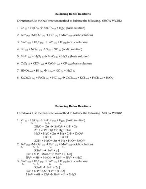 Balancing Redox Reactions Directions Use The Half Reaction