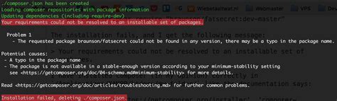 php composer installation failed requirements could not be resolved