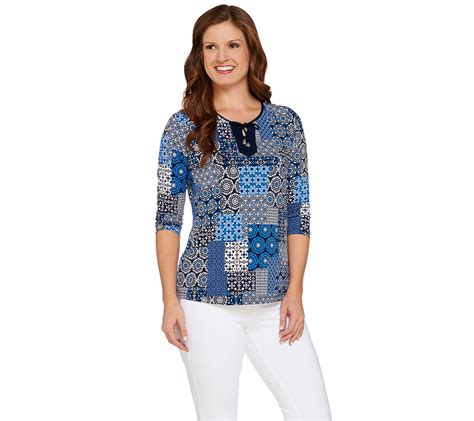 Susan Graver Printed Liquid Knit 3 4 Sleeve Top W Lacing Page 1 —