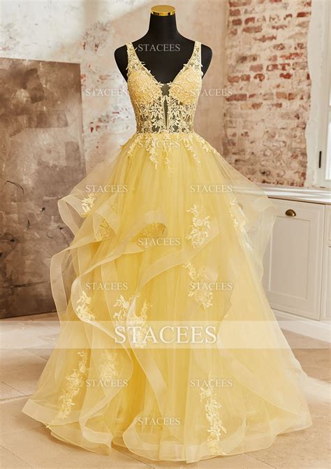 A Line Princess V Neck Sleeveless Sweep Train Tulle Prom Dress With