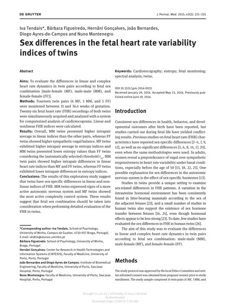 Pdf Sex Differences In The Fetal Heart Rate Variability Indices Of Twins