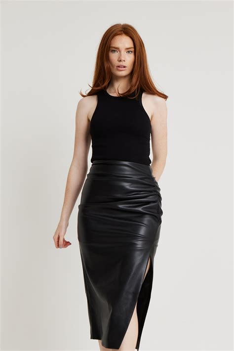 Ruched Leather Midi Skirt Black Boa