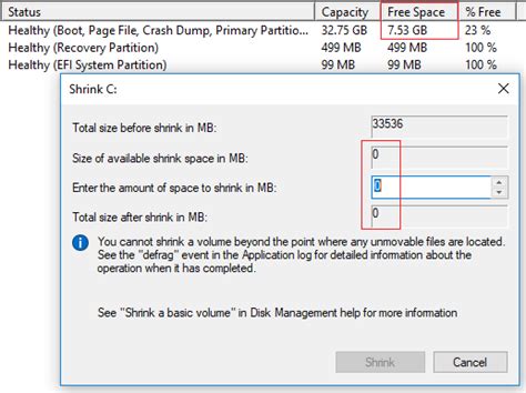 solution can t unable to shrink c drive in windows