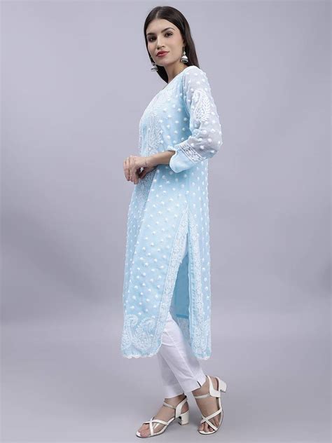 Seva Chikan Hand Embroidered Sky Blue Georgette Lucknowi Chikan Kurta