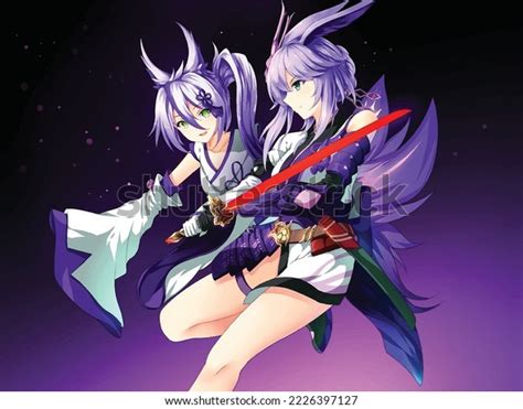 Two Beautiful Anime Girl Purple Hair Stock Vector Royalty Free