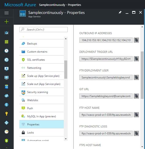 setting up deployment options for azure web app using git