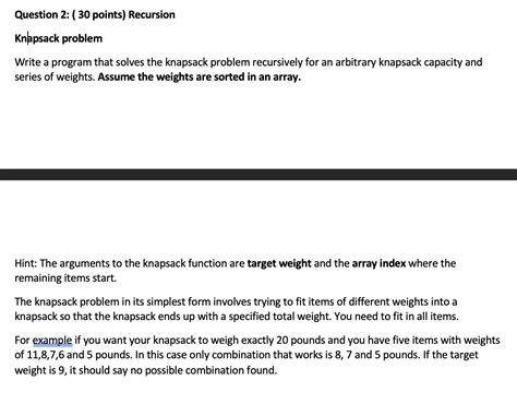solved question 2 30 points recursion knapsack problem