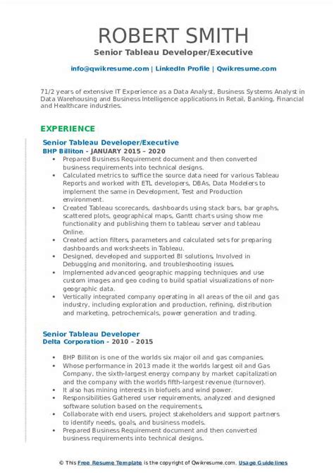 senior tableau developer resume samples qwikresume