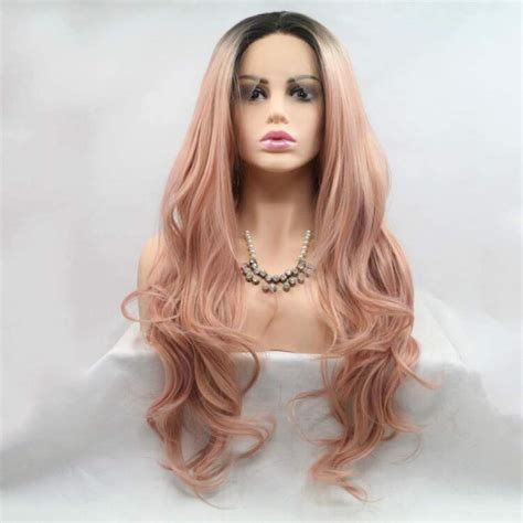 Xiweiya Long Rose Gold Pink Lace Wig Synthetic Rose Gold