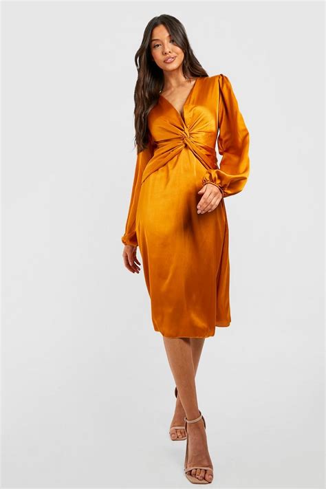 Womens Satin Twist Detail Midi Skater Dress Boohoo Uk