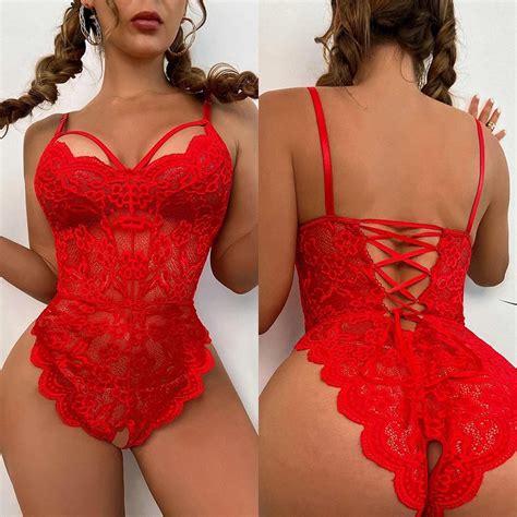 Sexy Crotchless Red Lingerie Women Lace Bodysuit Erotic Body Underwear