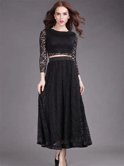 Lace Two Piece Set Elegant Long Sleeve Crop Lace Top And High Waist