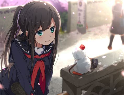 Aqua Eyes Black Hair Blush Cherry Blossoms Flowers Kneehighs Long Hair
