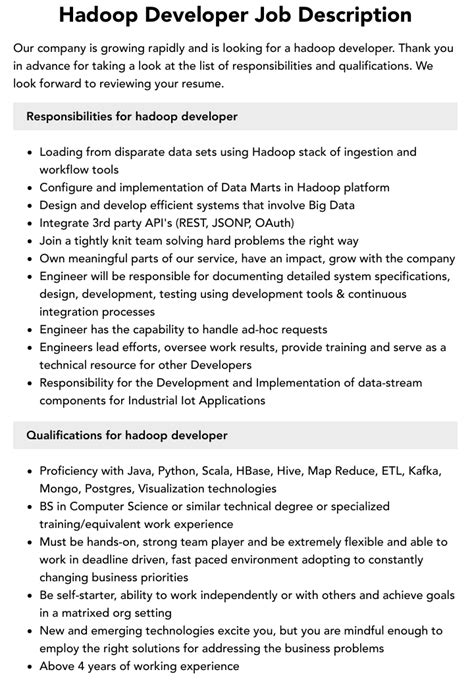 hadoop developer job description velvet jobs