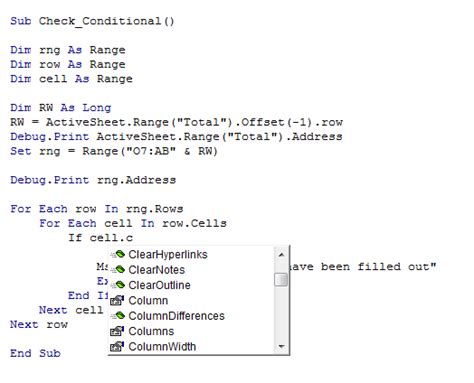 excel loop through cols and rows with if statement vba