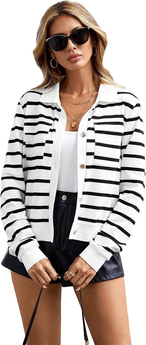 Makemechic Womens Cardigan 2023 Long Sleeve Striped Print Knitted Open