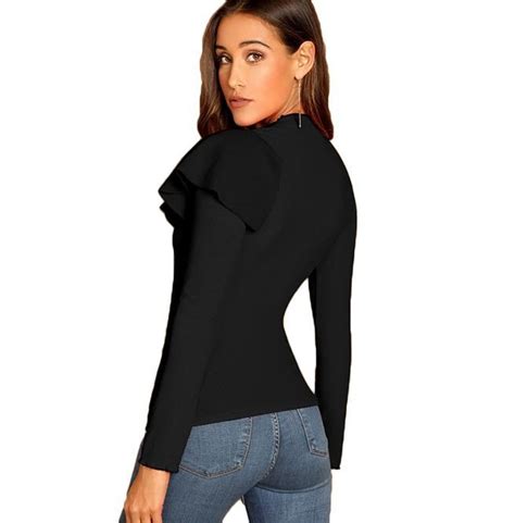 Ladies Long Sleeve Black Mock Neck Ruffle Trim Rib Knit Rebelsmarket