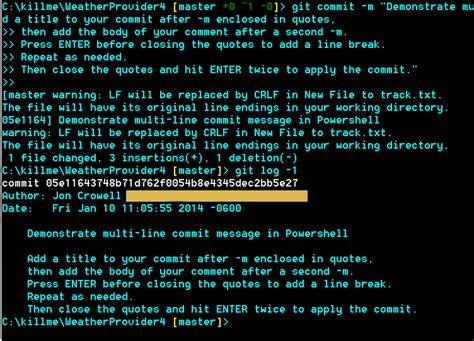bash add line break to git commit m from the command