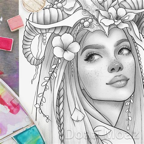 Printable Coloring Page Fantasy Floral Girl Portrait Etsy España