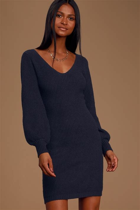 Knit Navy Blue Dress Sweater Dress Statement Sleeve Dress Lulus