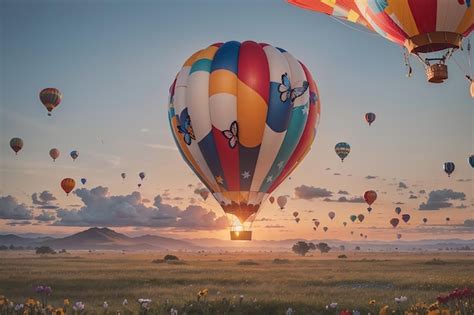 Globo Aerostático Lleno De Flores Y Mariposas Alrededor Del Cielo
