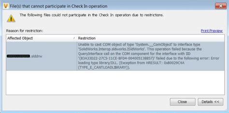 unable to check in solidworks file into vault due to restriction
