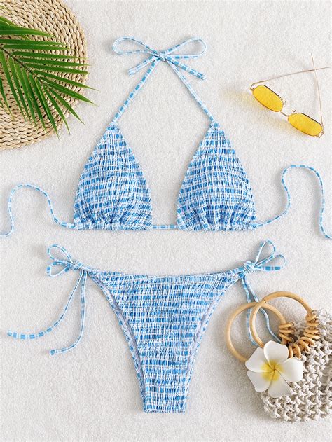 Shein Swim Vcay Striped Bikini Set Smocked Triangle Bra And Thong Bottom