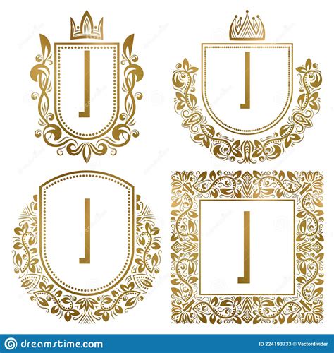 Conjunto De Monogramas Dourados Da Safra Logotipos Heráldicos Com
